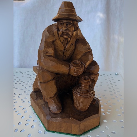 Art | Vintage Hand Carved Wooden Man Sitting On Bench Wwater Cup In ...